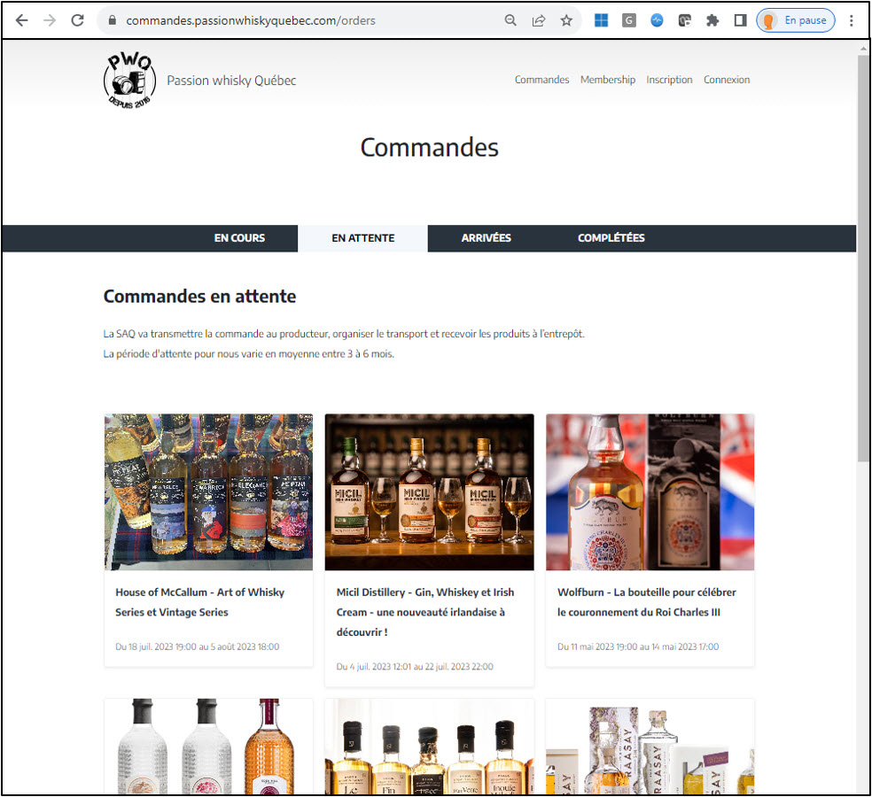 TOUS LES PROCHAINS GROUPES SONT SUR LA NOUVELLE PAGE DE COMMANDE. – Passion Whisky Québec